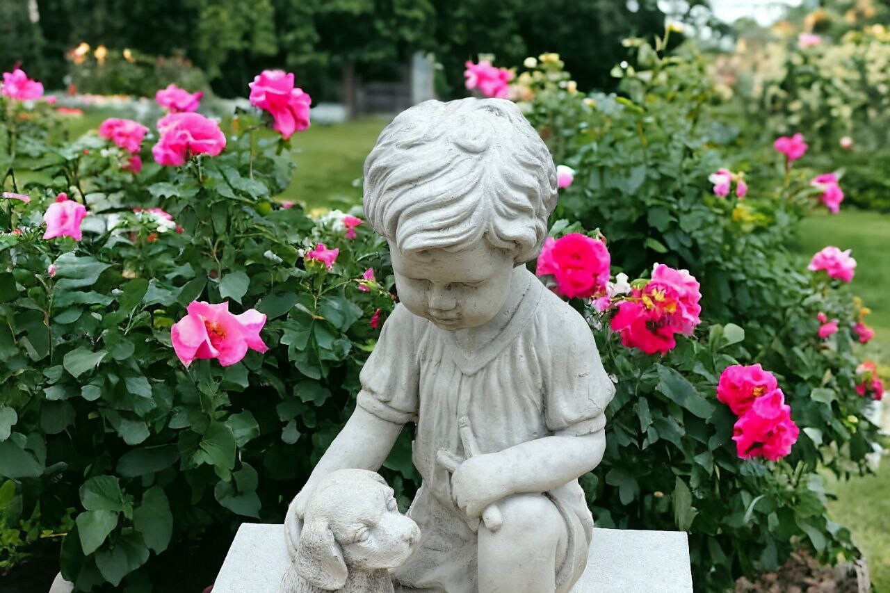 Kneeling Boy With Dog Statue Concrete Boy Standing on One Knee Figure ...