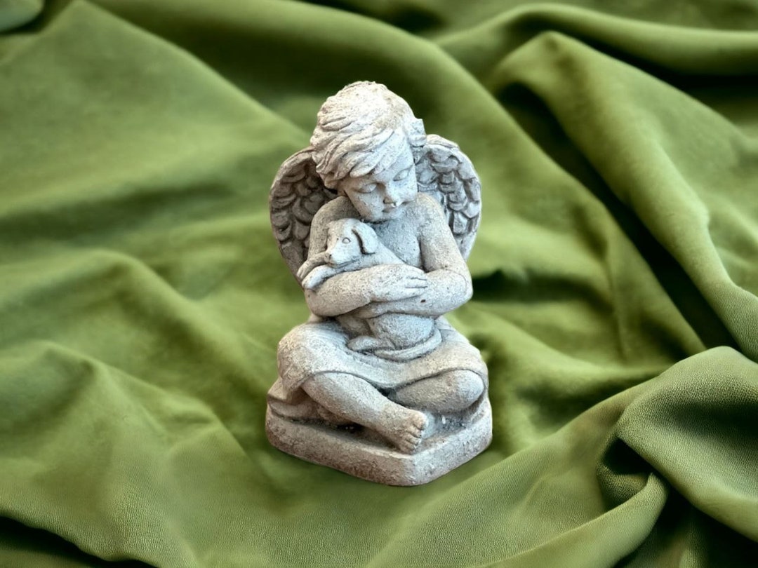 Sitting Angel Boy With Puppy Figure Delailed Angel With Dog Sculpture ...