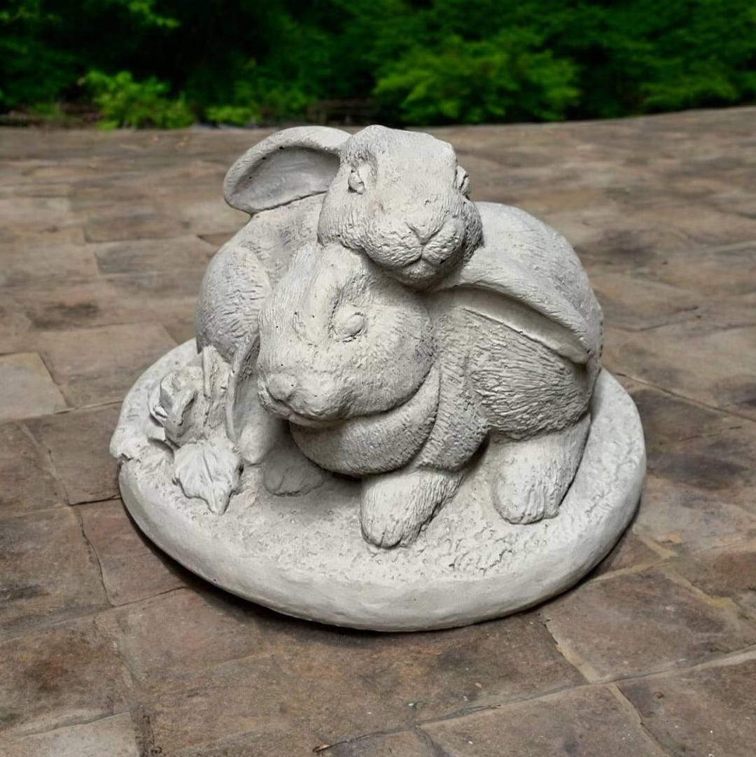 Two Rabbits on Base Figure Flower Bunnies Hugging Sculpture Concrete ...