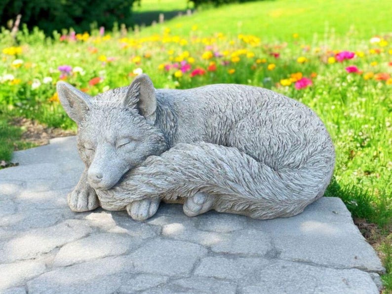 Laying Fox With Bushy Tail Statue Cement Fox Figure Massive Fox ...