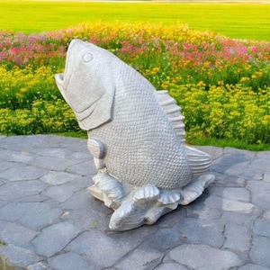Large Fish Statue Cement Fish With Mouth Bass Concrete Backyard Art ...