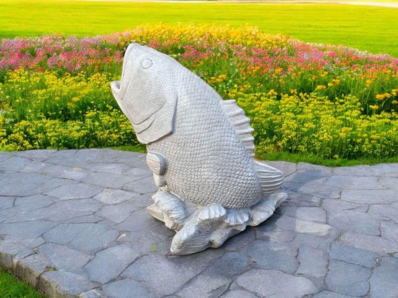 Large Fish Statue Cement Fish With Mouth Bass Concrete Backyard Art ...