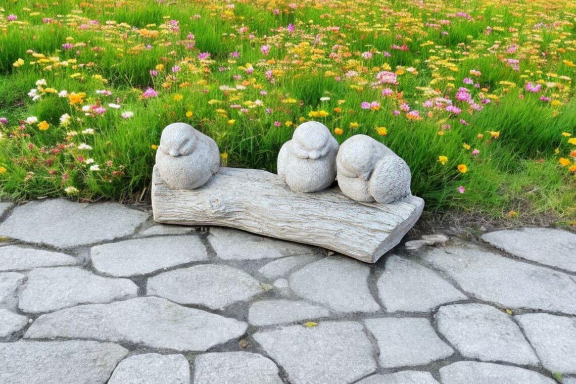 Concrete Birds on Branch Statue Detailed Three Birds Sculpture Stone ...