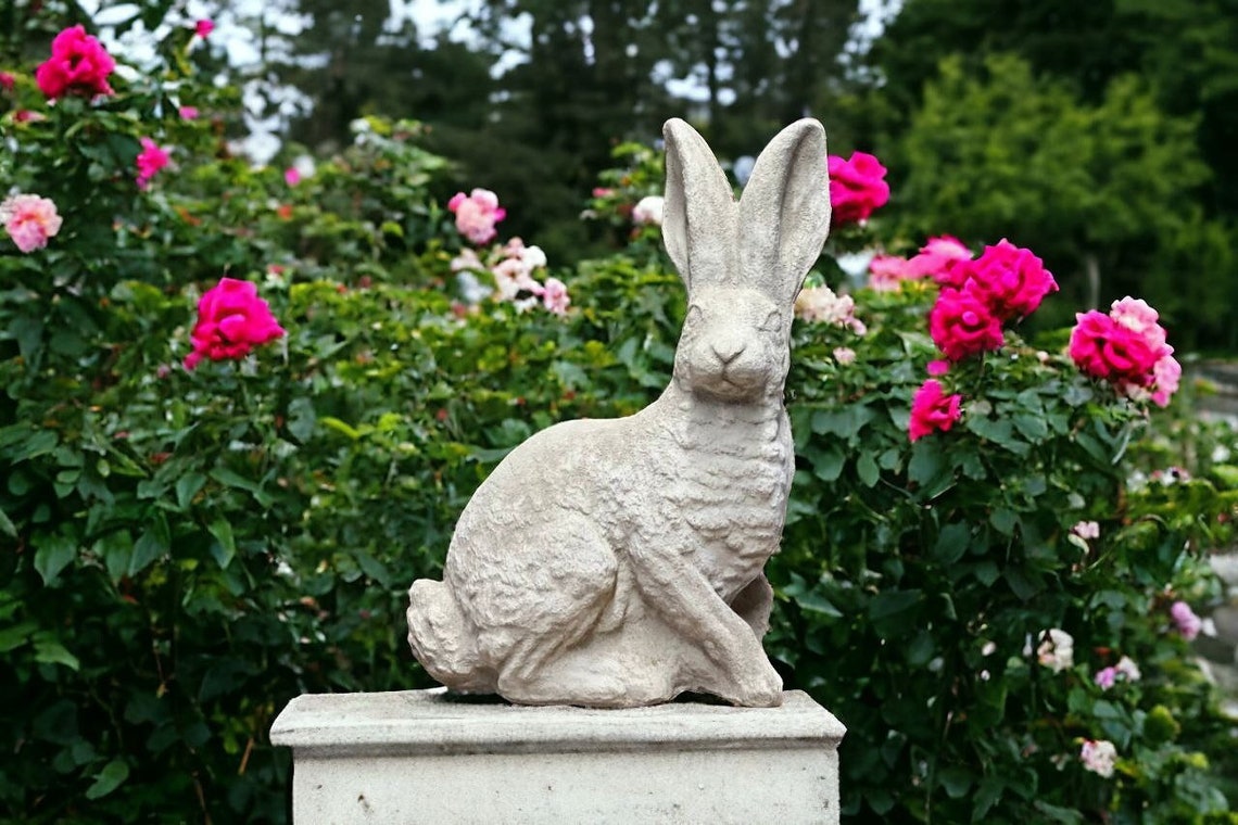 Standing Rabbit With Ears up Statue Stone Bunny Figure Detailed Garden ...