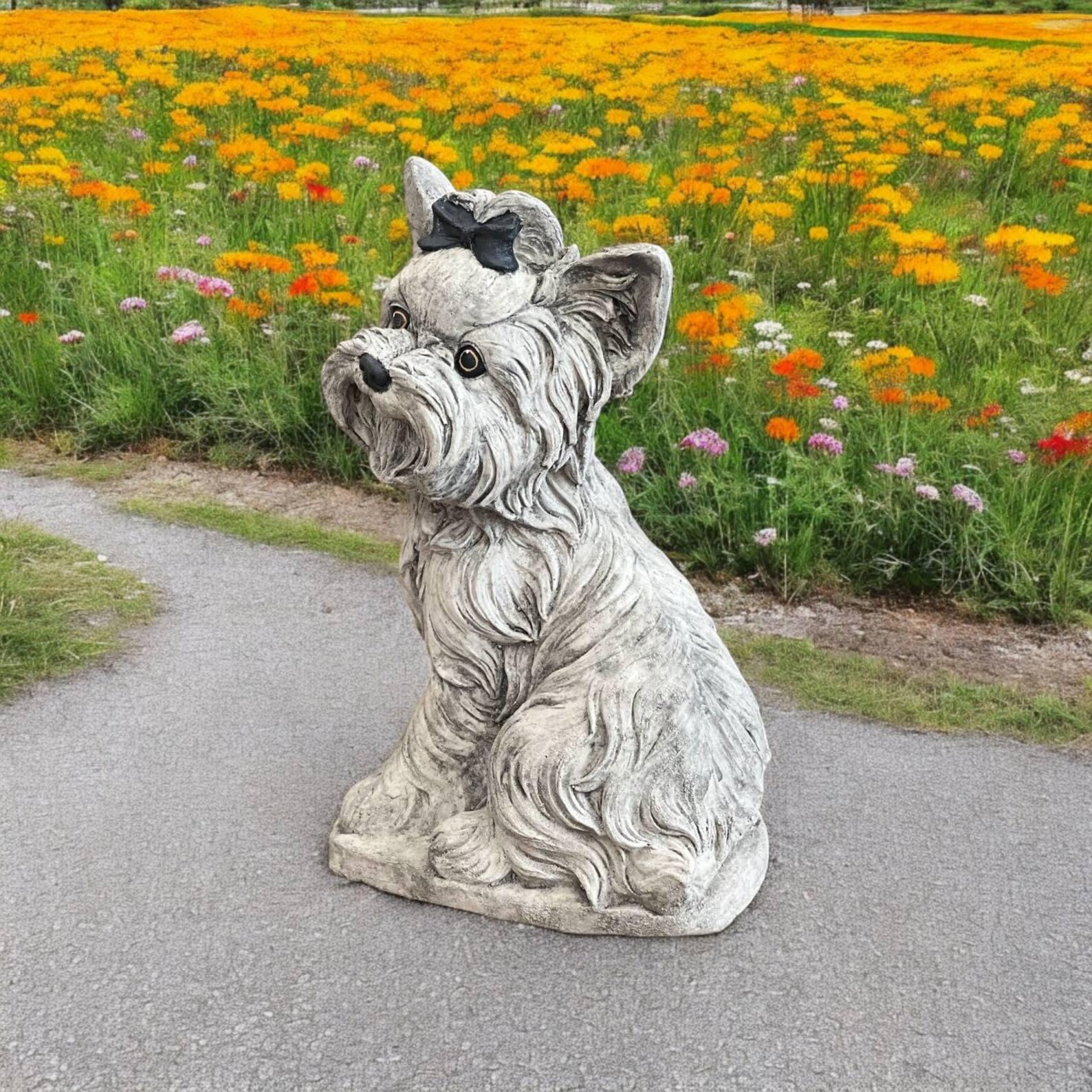 Detailed Yorkie Dog Statue Sitting Yorkie With Bow in Hair Sculpture ...