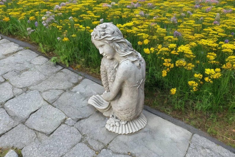 Concrete Mermaid Sitting on Rock Figure Fairy Garden Decoration Outdoor ...