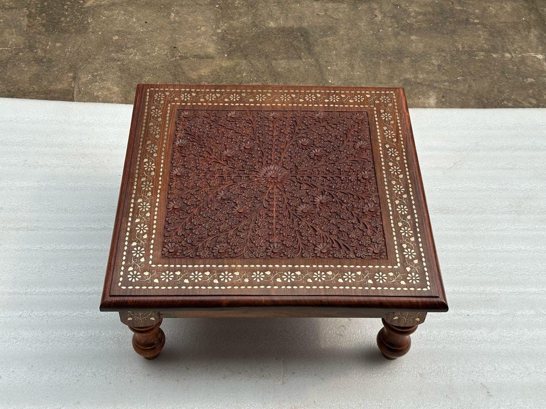 Sheesham Handcrafted Wooden Chowki 21x21 Inch | Carved Brass Inlay ...