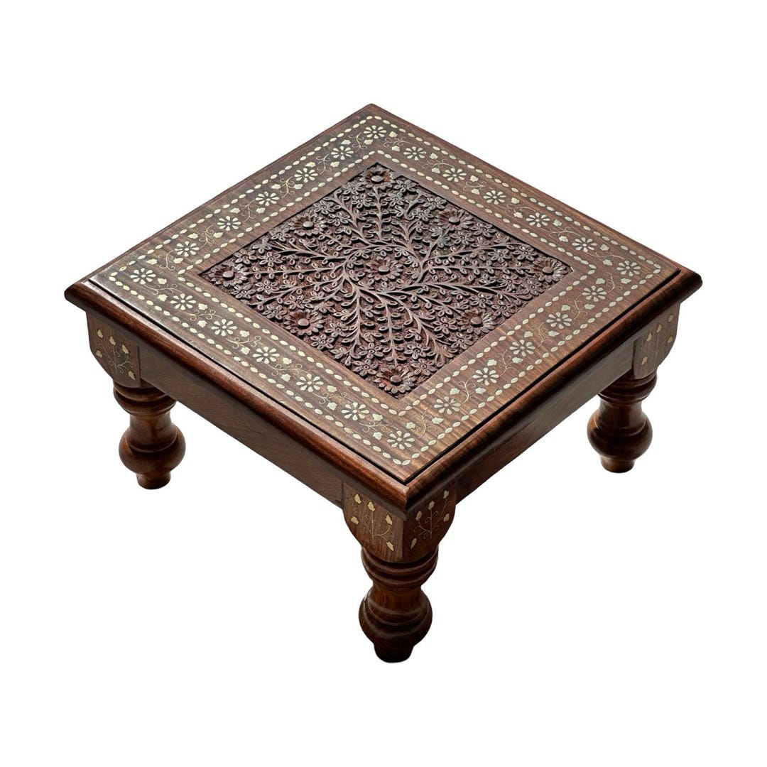 Handcrafted Wooden Chowki 15x15 Inch | Carved Brassinlay Bajot | Solid ...