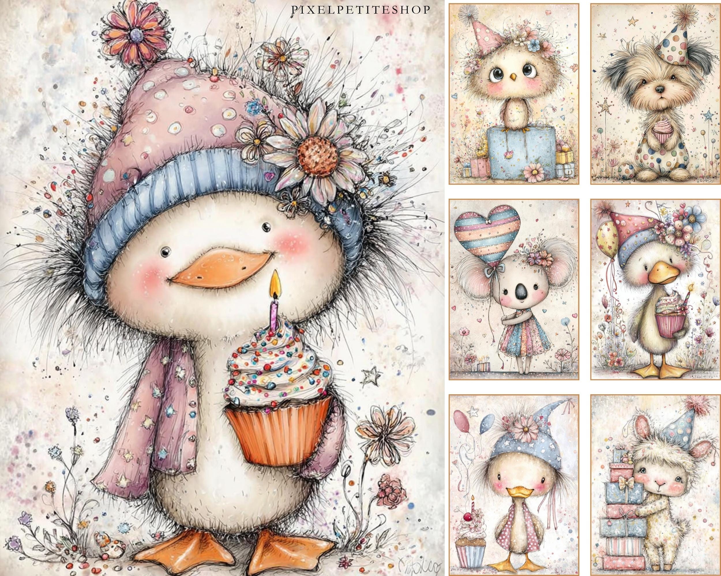 Whimsical Birthday Animals Digital Junk Journal Pages | Scrapbooking ...