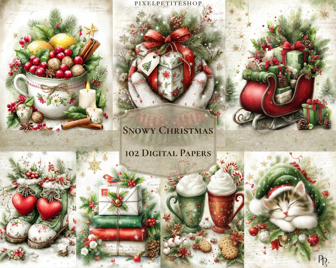 102 Snowy Christmas Digital Papers: Nostalgic Junk Journal Pages ...