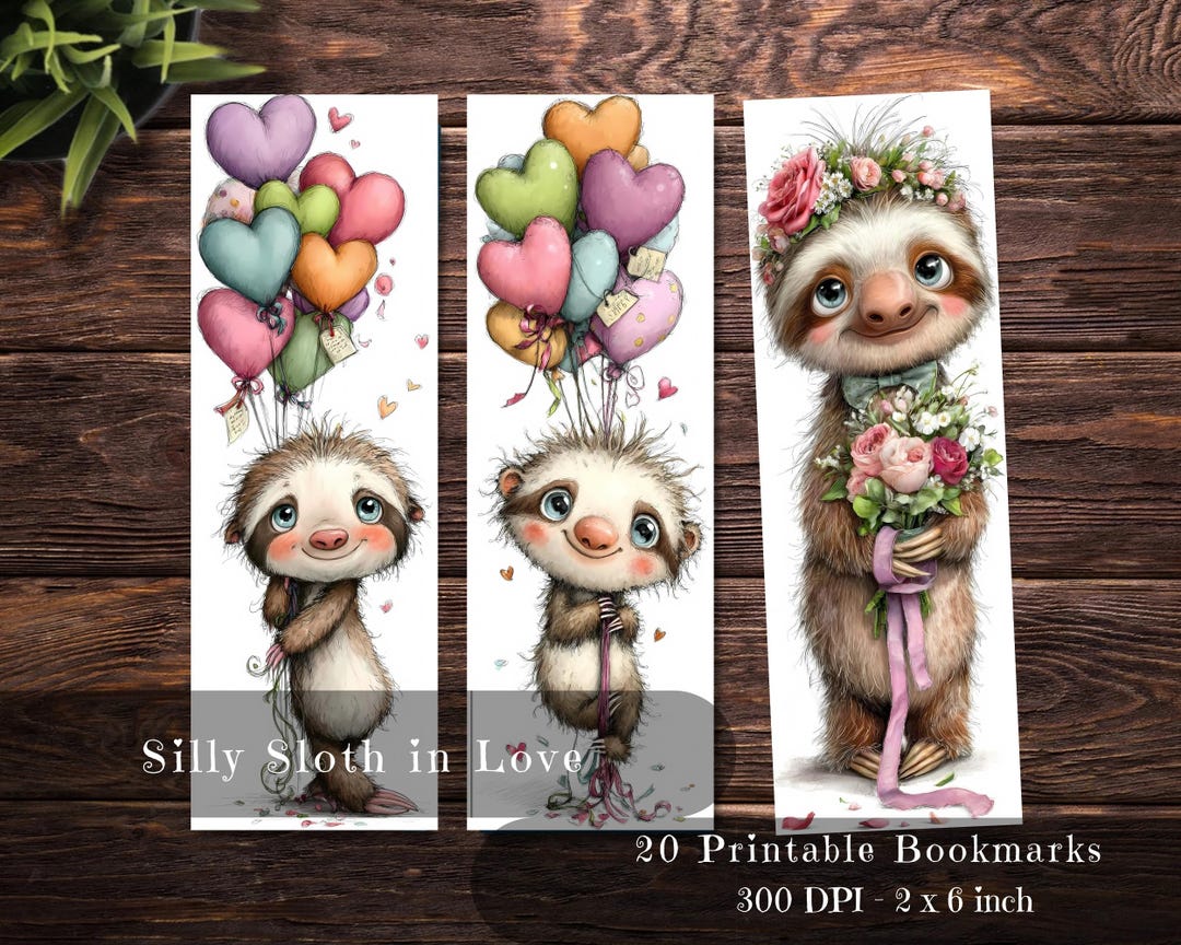 Silly Sloth in Love Printable Bookmark Bundle | Valentine's Day Book ...