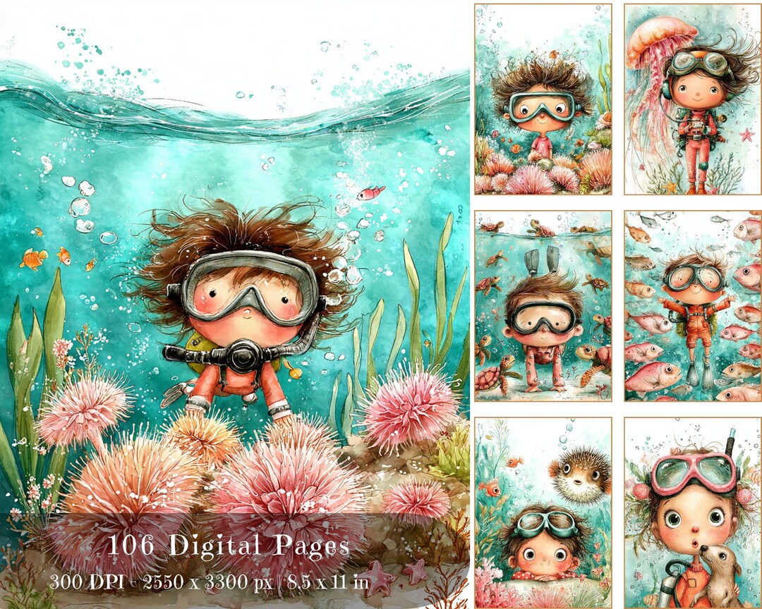 Whimsical Scuba Kids Digital Pages | Printable Children Book ...