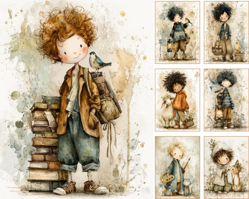 Whimsical Spring Boy Clipart | Storybook-style Printable Junk Journal ...