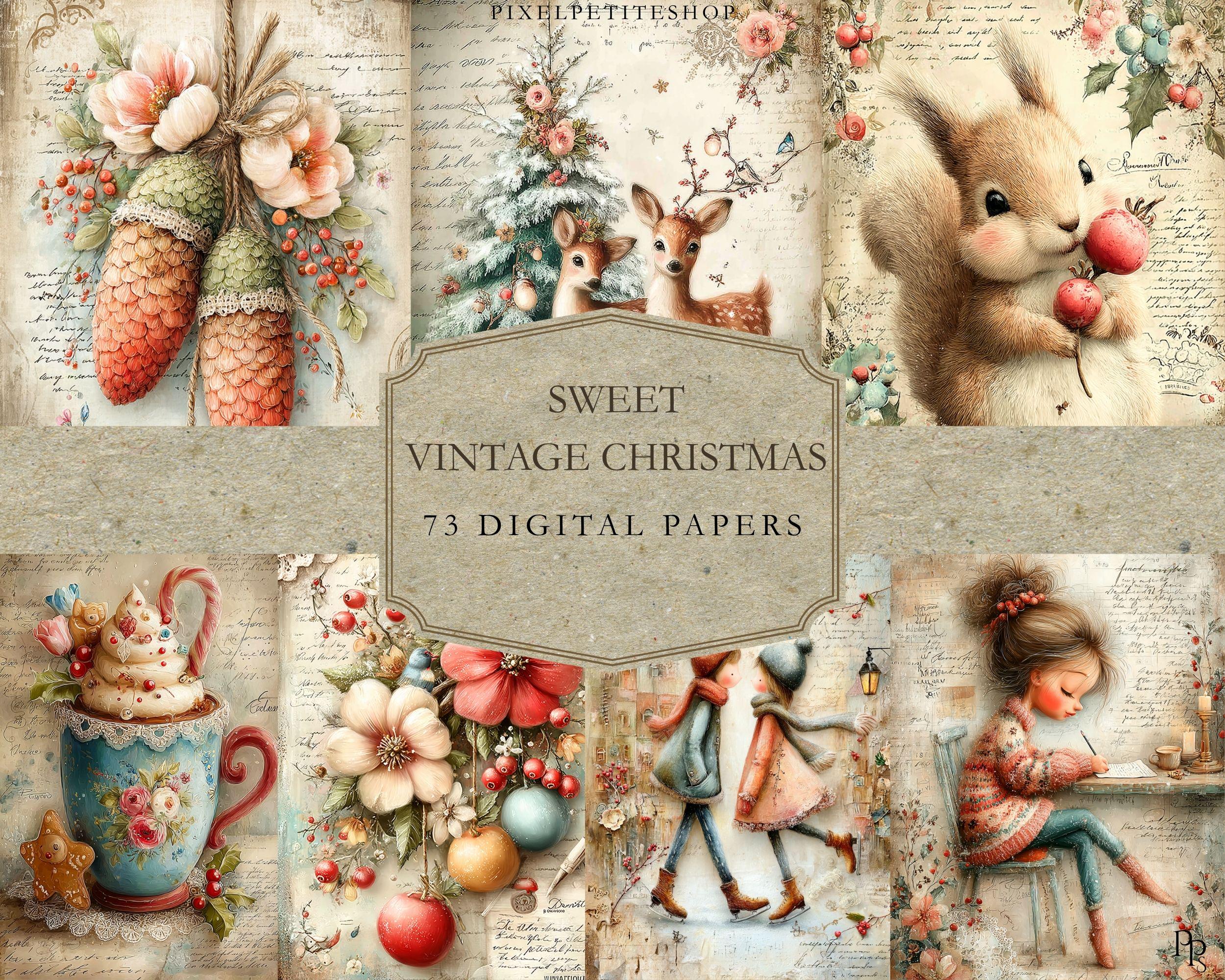 73 Sweet Vintage Christmas Digital Papers: Antique Ephemera (Digital ...