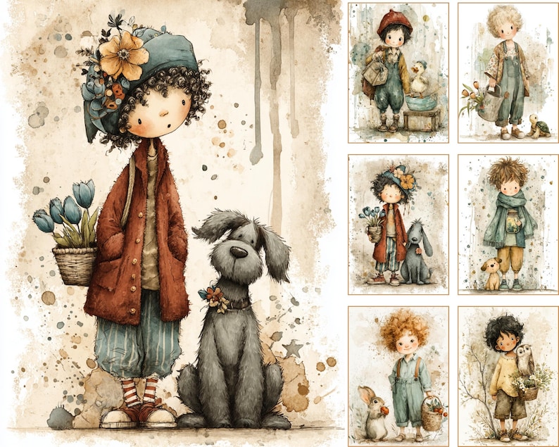 Whimsical Spring Boy Clipart | Storybook-style Printable Junk Journal ...