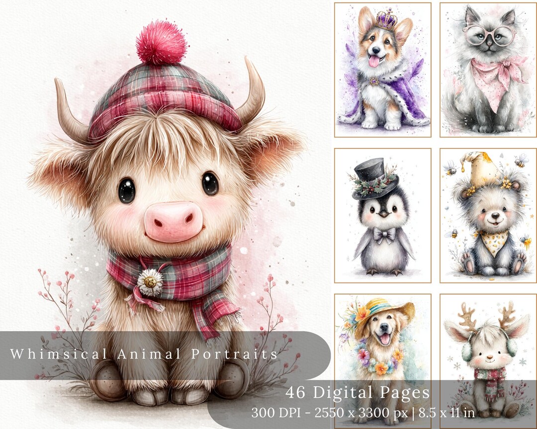 Whimsical Animal Portraits for Junk Journals | Fluffy Pet Clipart for ...
