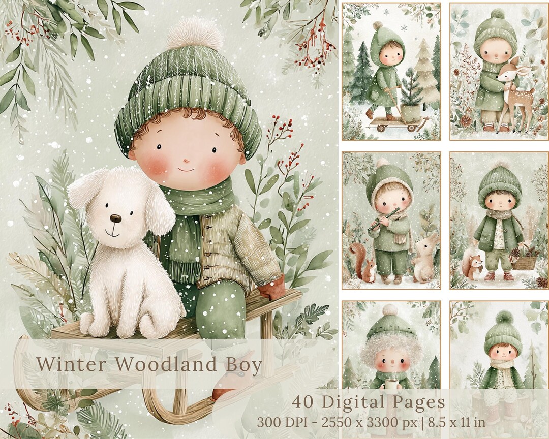 Winter Woodland Boy Junk Journal Pages | Cozy Forest Nursery Art ...
