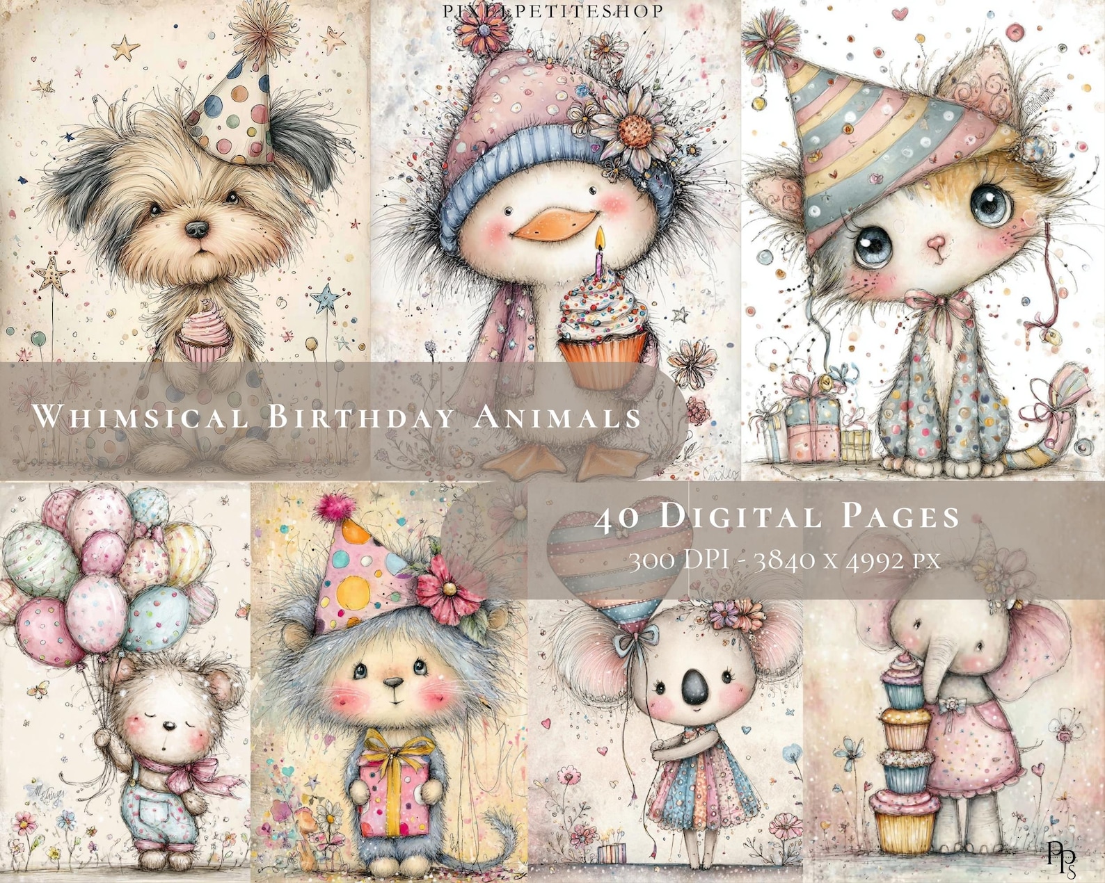Whimsical Birthday Animals Digital Junk Journal Pages | Scrapbooking ...