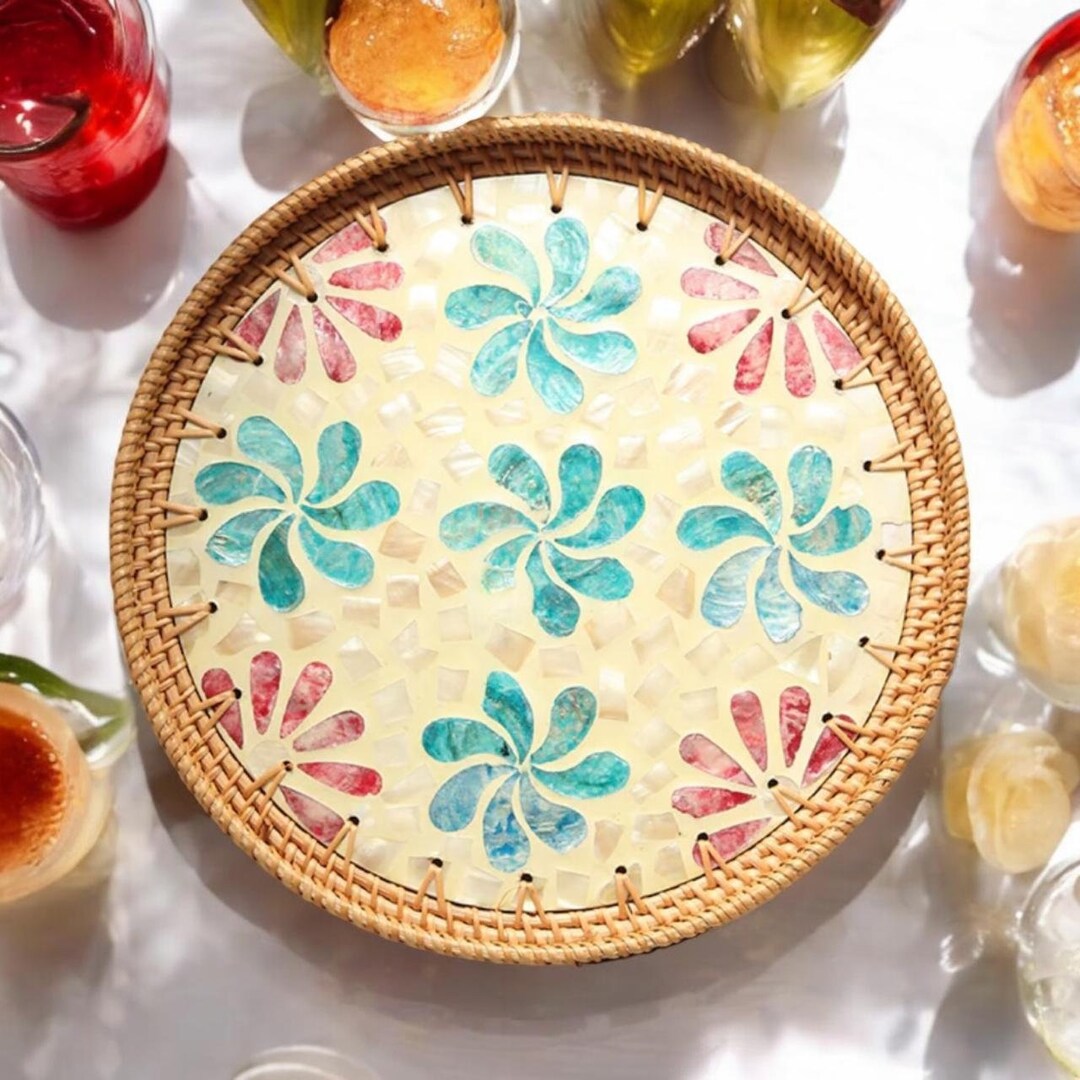 Rattan/cane With Mother of Pearl Inlay Tray,platter, Round Tray,cane ...