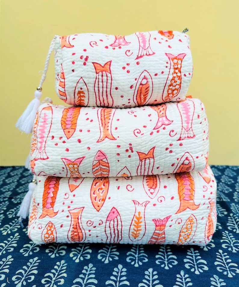 Indian Block Print Large Toiletry Bag, Colorful Make up Bag Quilted ...