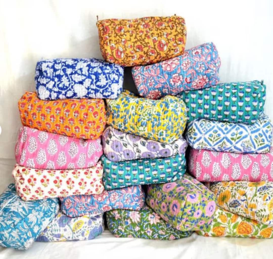 Indian Block Print Large Toiletry Bag, Colorful Make up Bag Quilted ...