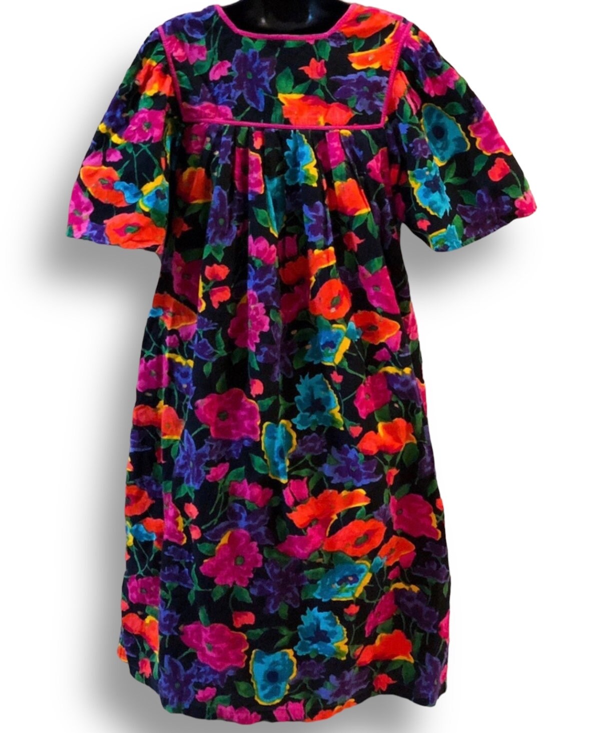 Vintage Chance Encounters Black Floral Puff Sleeve Midi Length Smocked ...