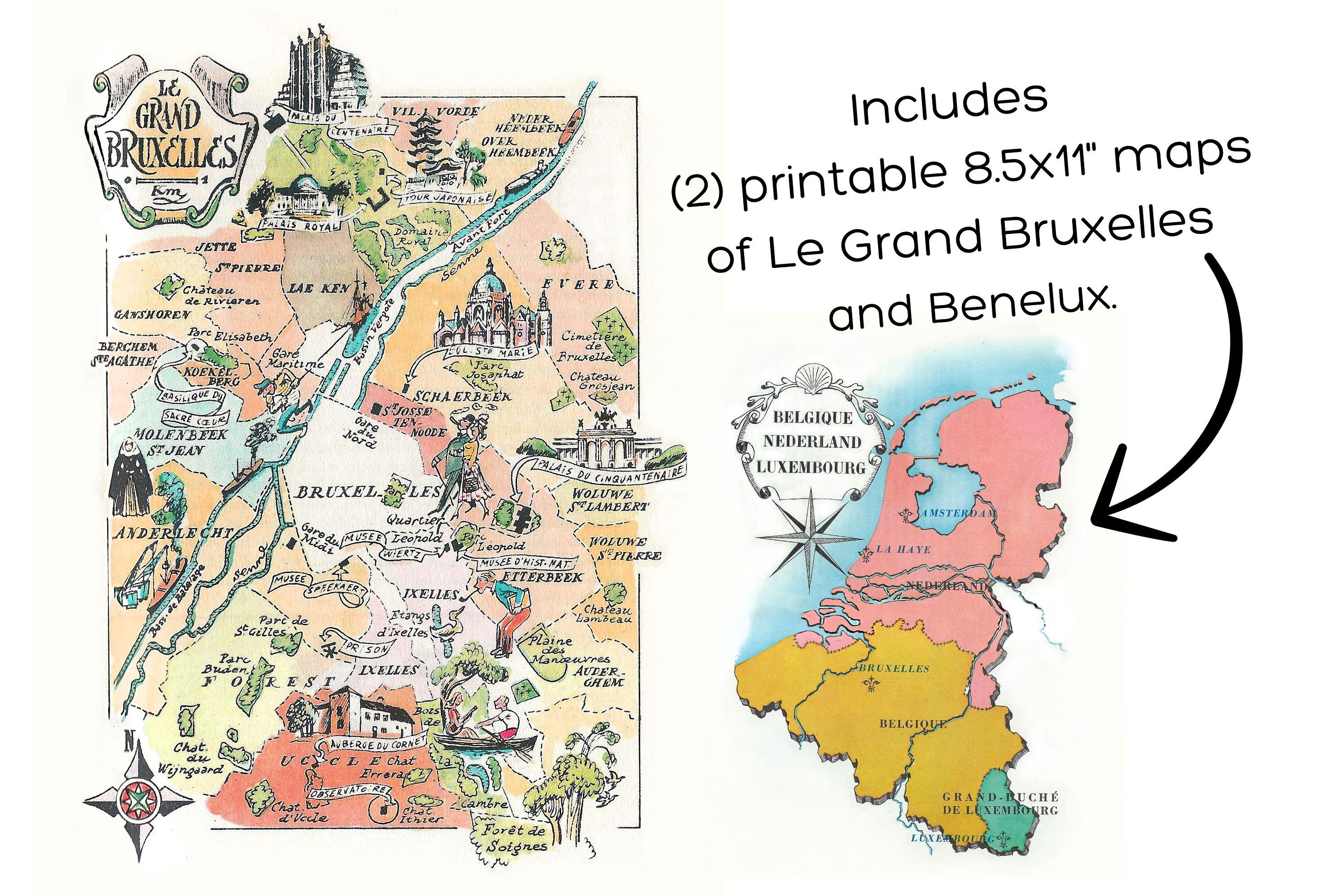 Benelux Vintage Illustrations and Maps Clip Art, European Cities Junk ...