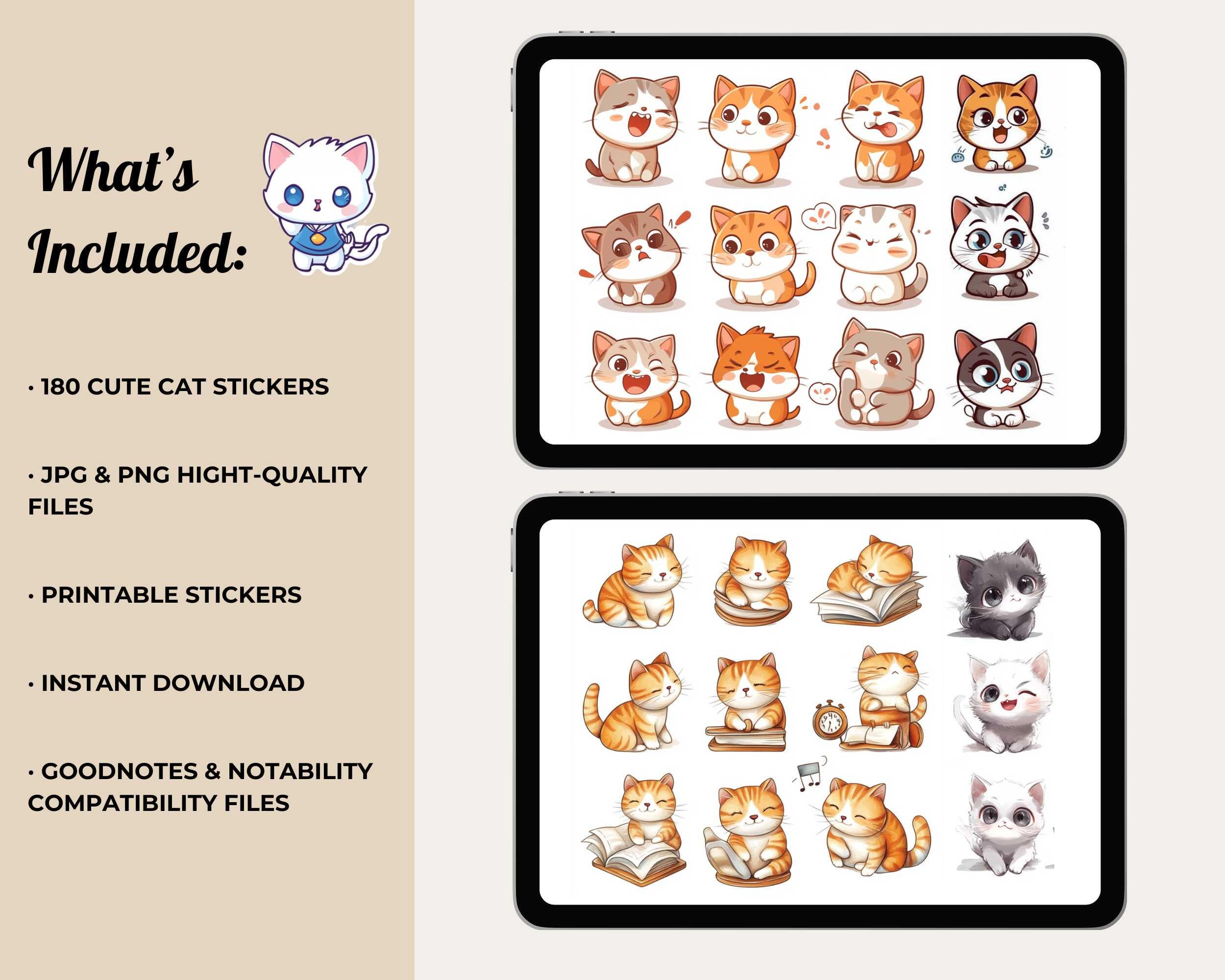 Cute Cat Digital Stickers, Kawaii Cat Stickers for Planners, Goodnotes ...