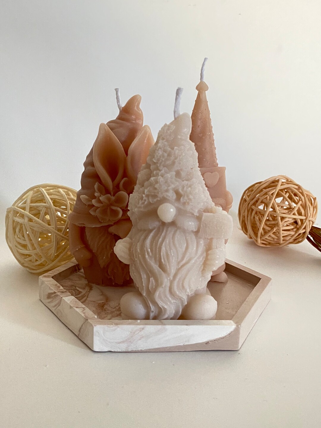 Set of Gnome Candles Plus Tray, 3 Gnomes Plus Tray, Natural Soy Wax ...