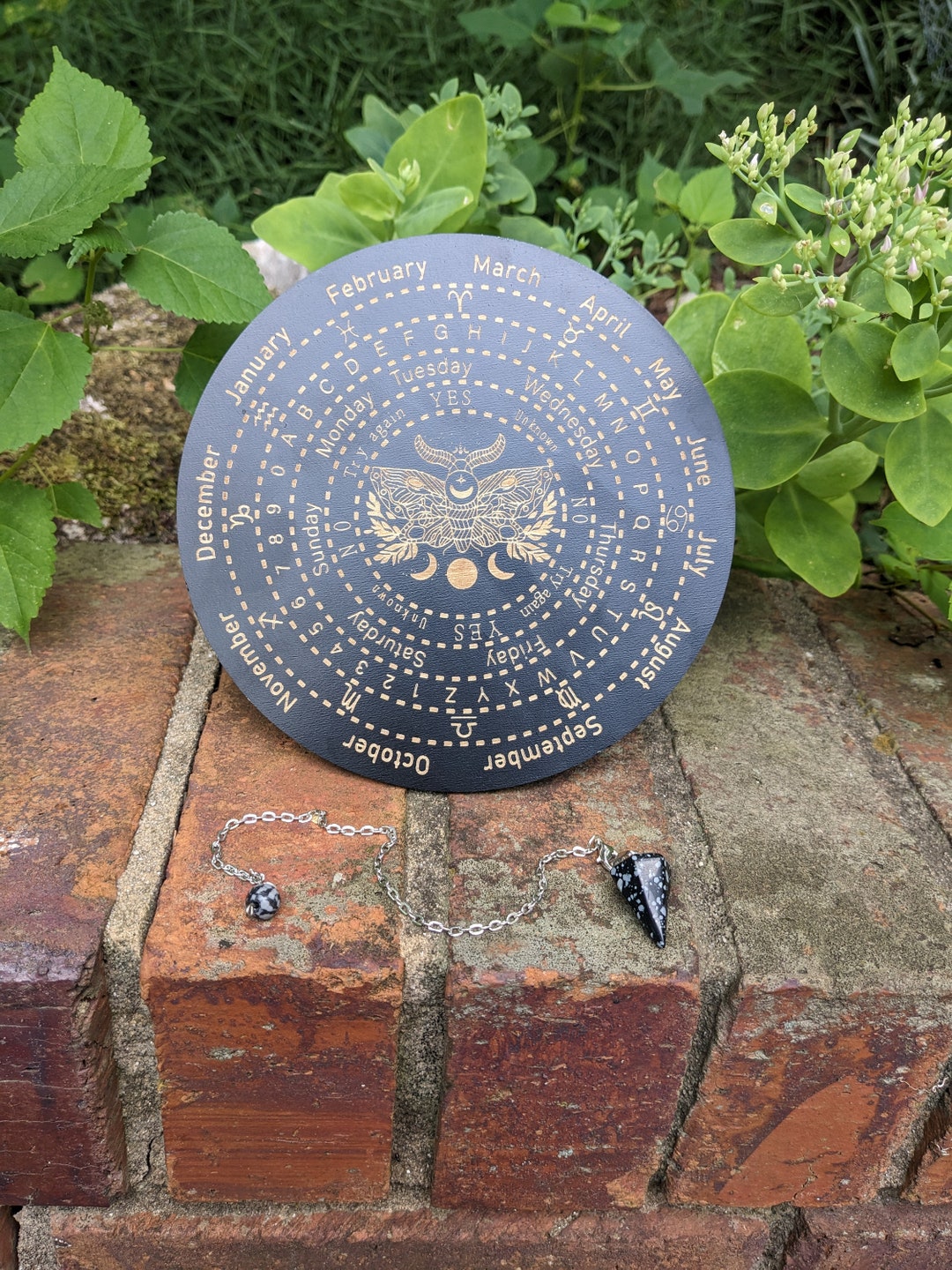 Pendulum and Wood Scrying Board for Divination, Snowflake Obsidian ...