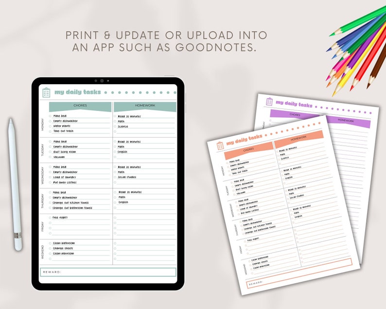 Printable Weekly Chore & Homework Tracker for Kids, Three Color Options ...