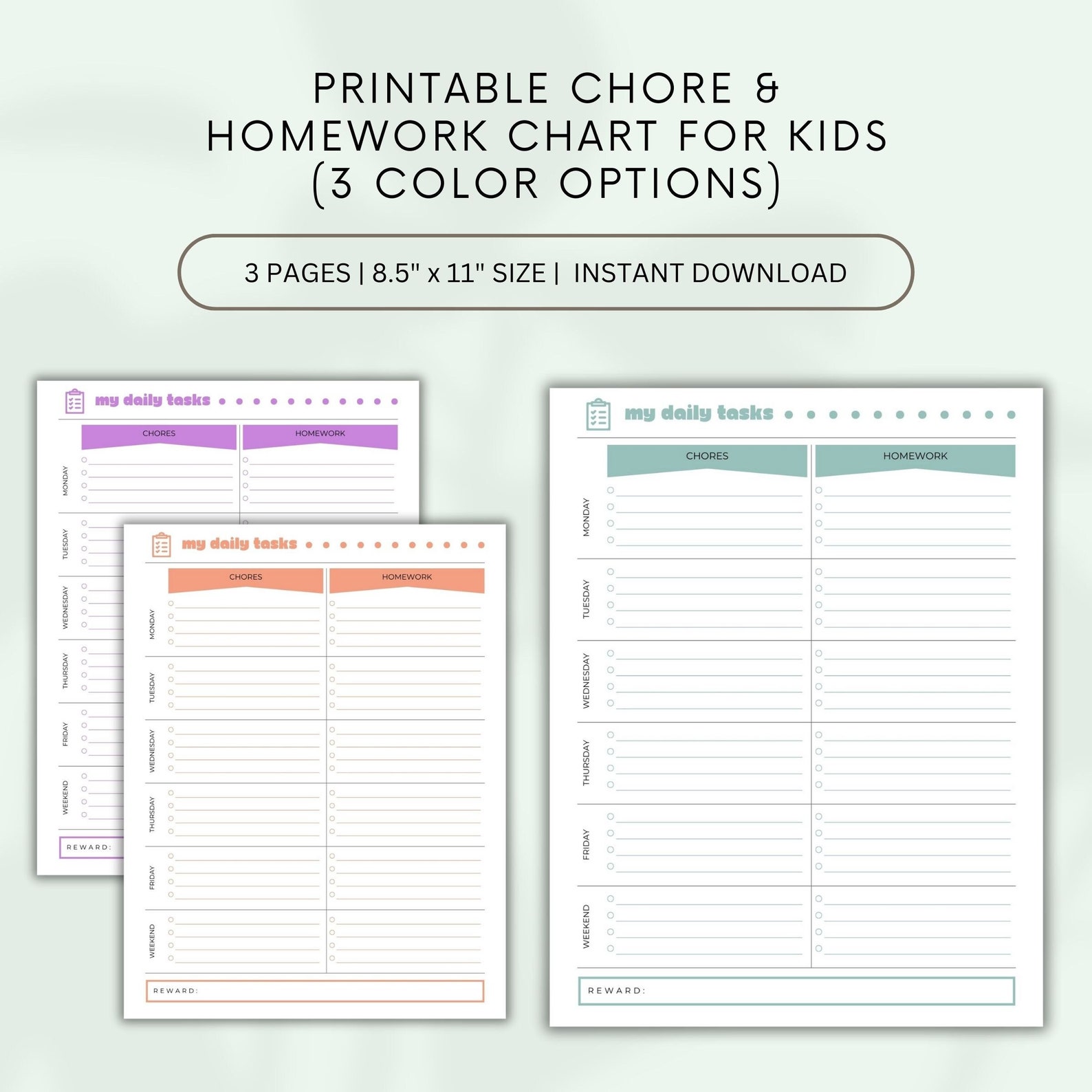 Printable Weekly Chore & Homework Tracker for Kids, Three Color Options ...