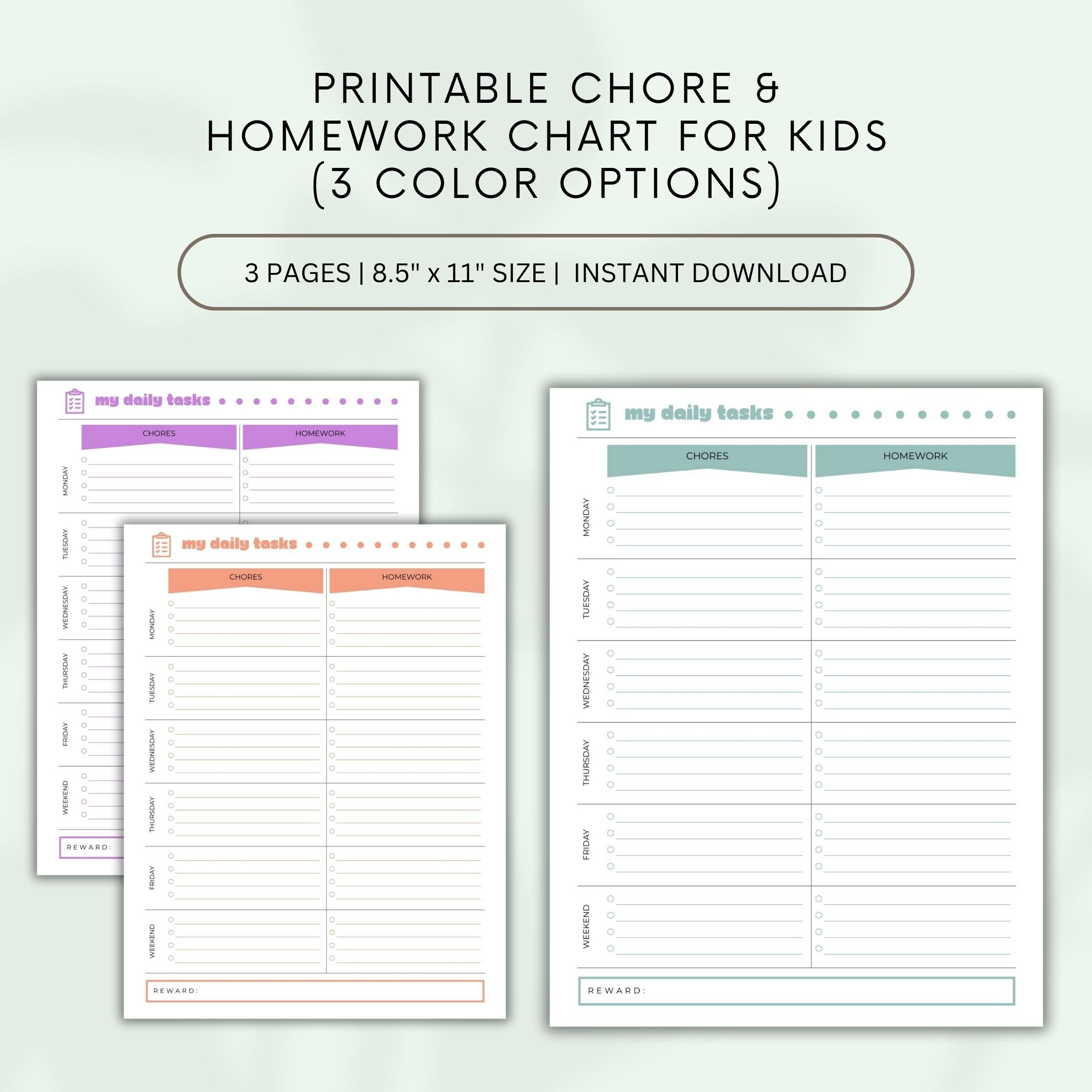 Printable Weekly Chore & Homework Tracker for Kids, Three Color Options ...