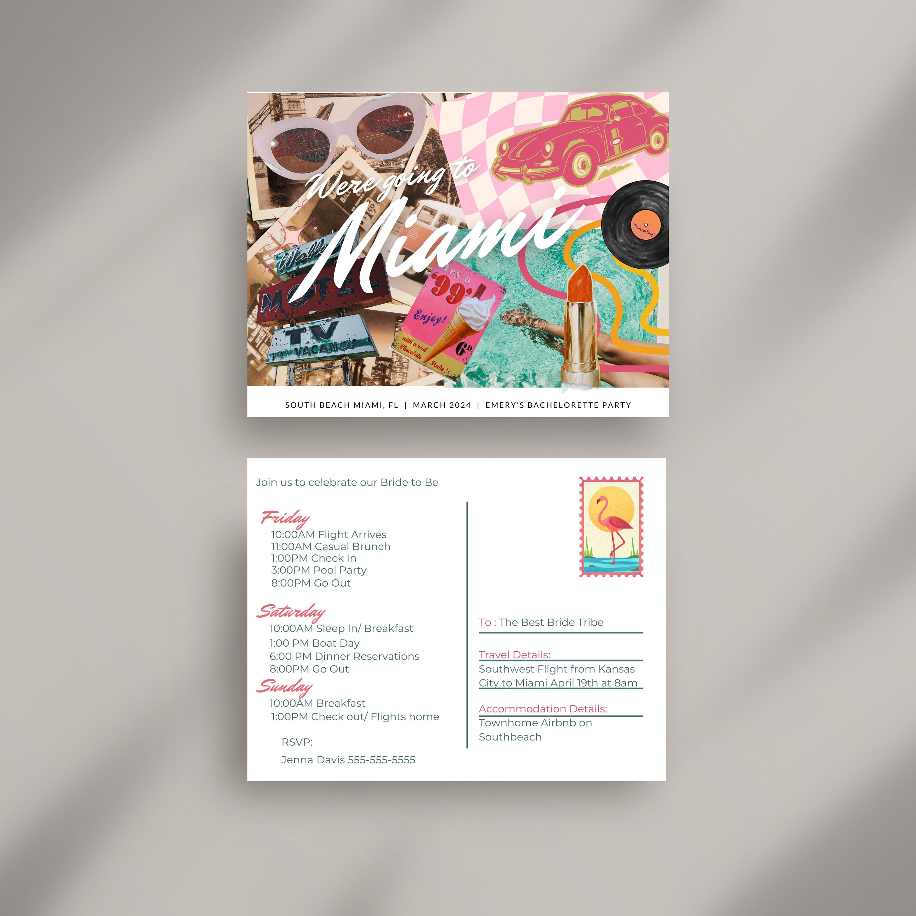 Miami Vintage Postcard Invitation (florida), Digital Canva Invitation ...