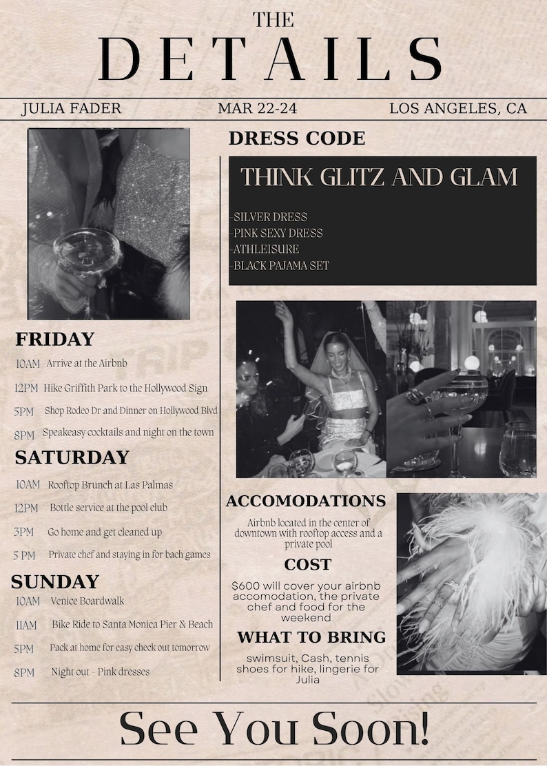 Newspaper Bachelorette Party Invitation, Vintage Itinerary Template ...