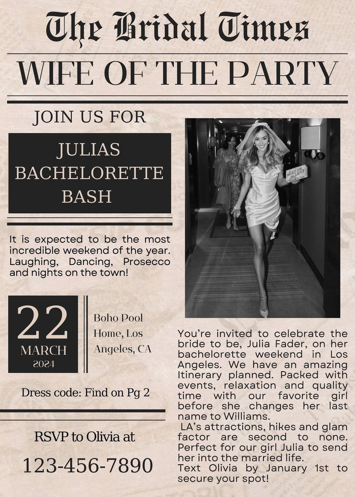 Newspaper Bachelorette Party Invitation, Vintage Itinerary Template ...