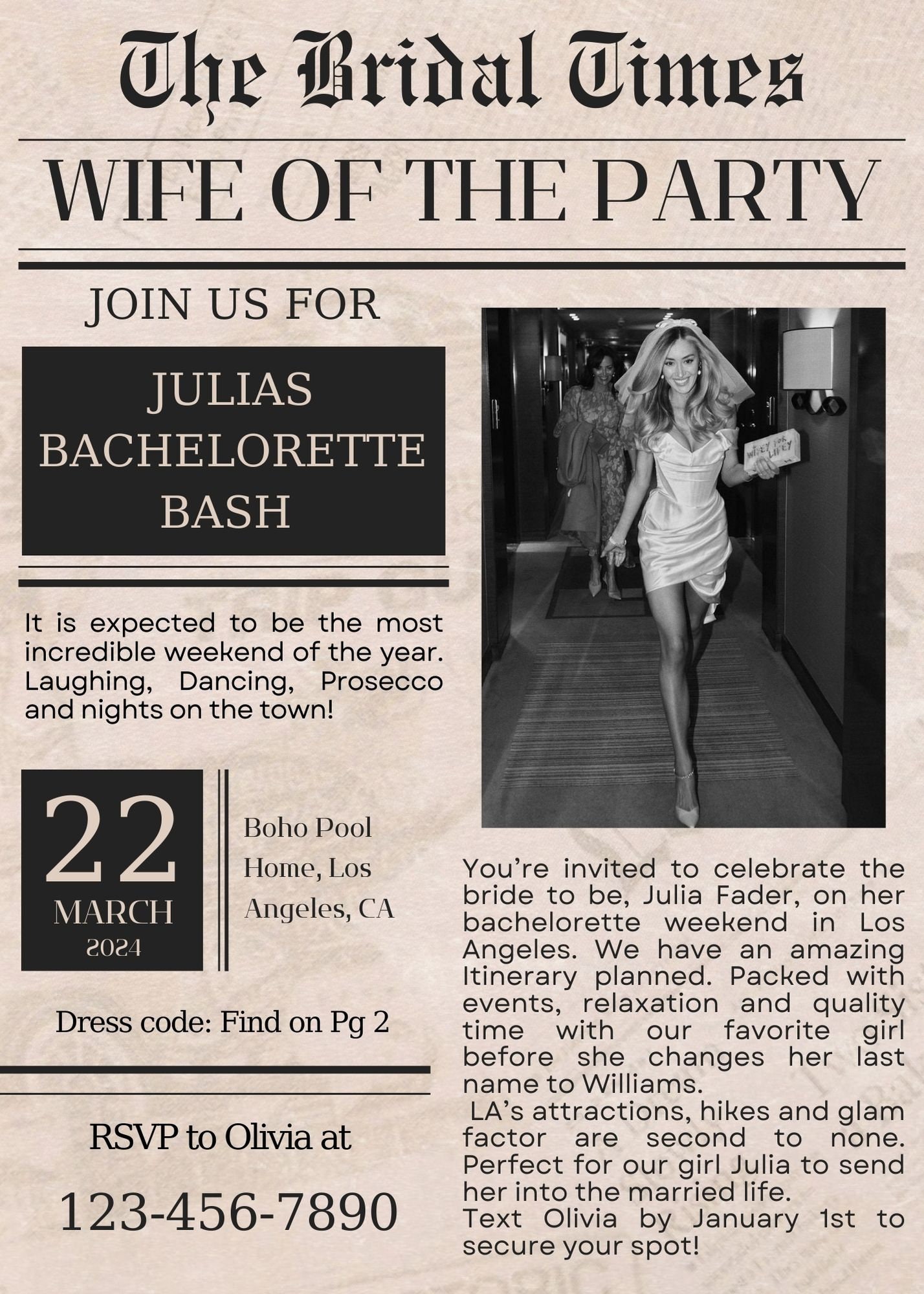 Newspaper Bachelorette Party Invitation, Vintage Itinerary Template ...