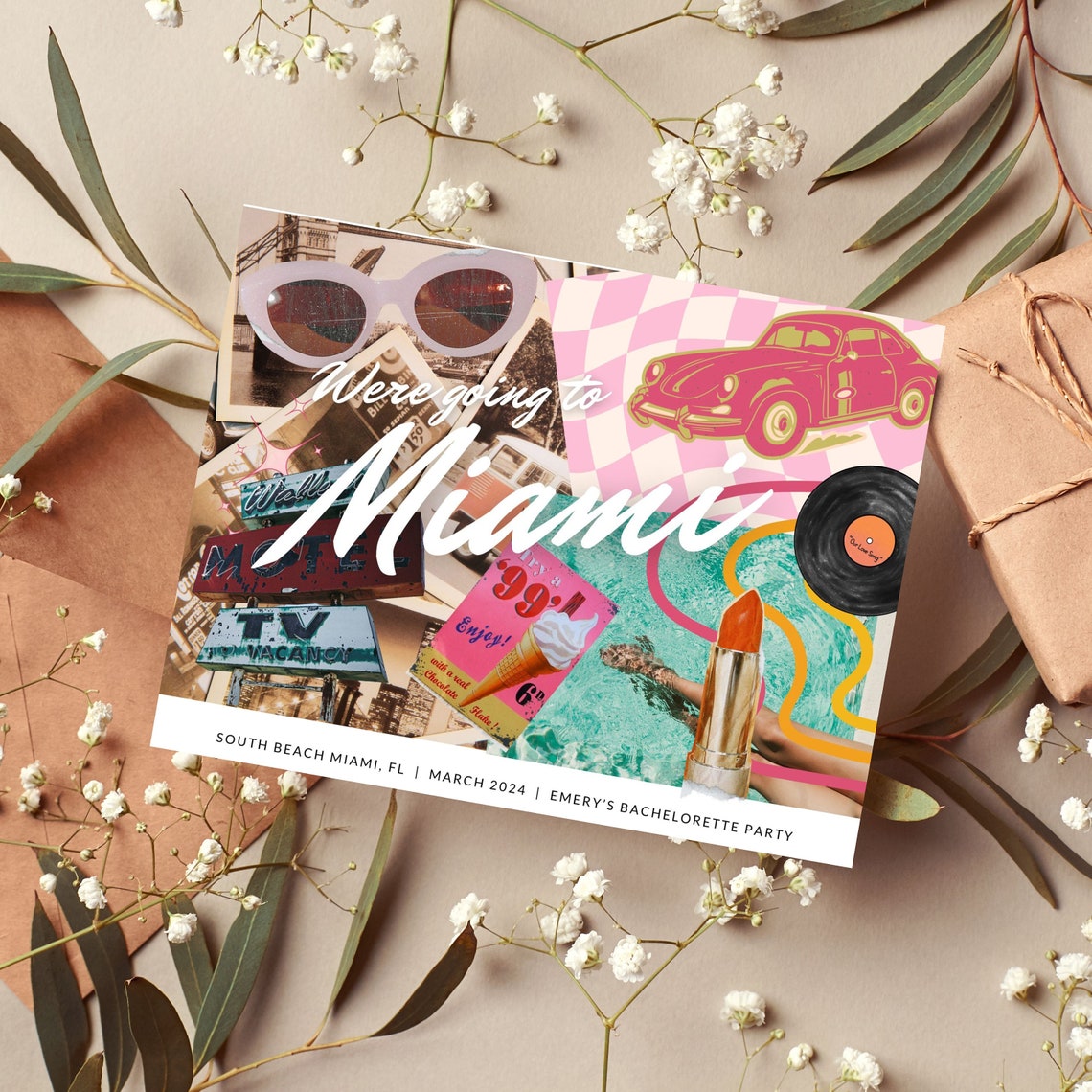 Miami Vintage Postcard Invitation (florida), Digital Canva Invitation ...