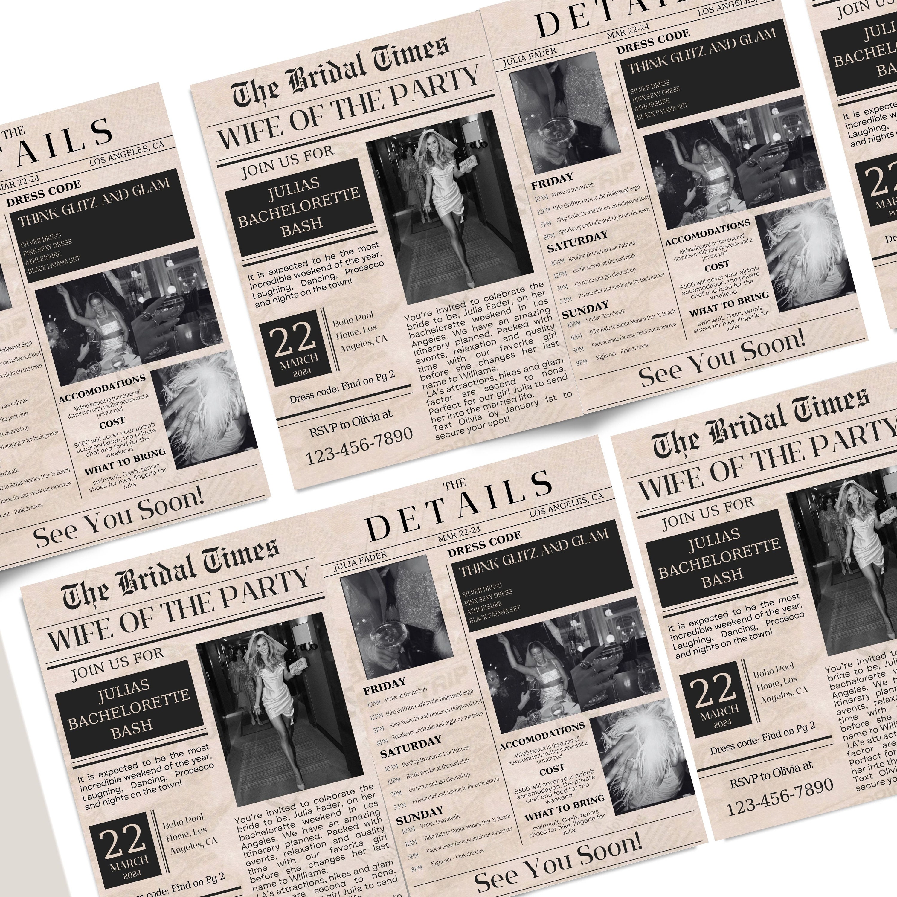 Newspaper Bachelorette Party Invitation, Vintage Itinerary Template ...