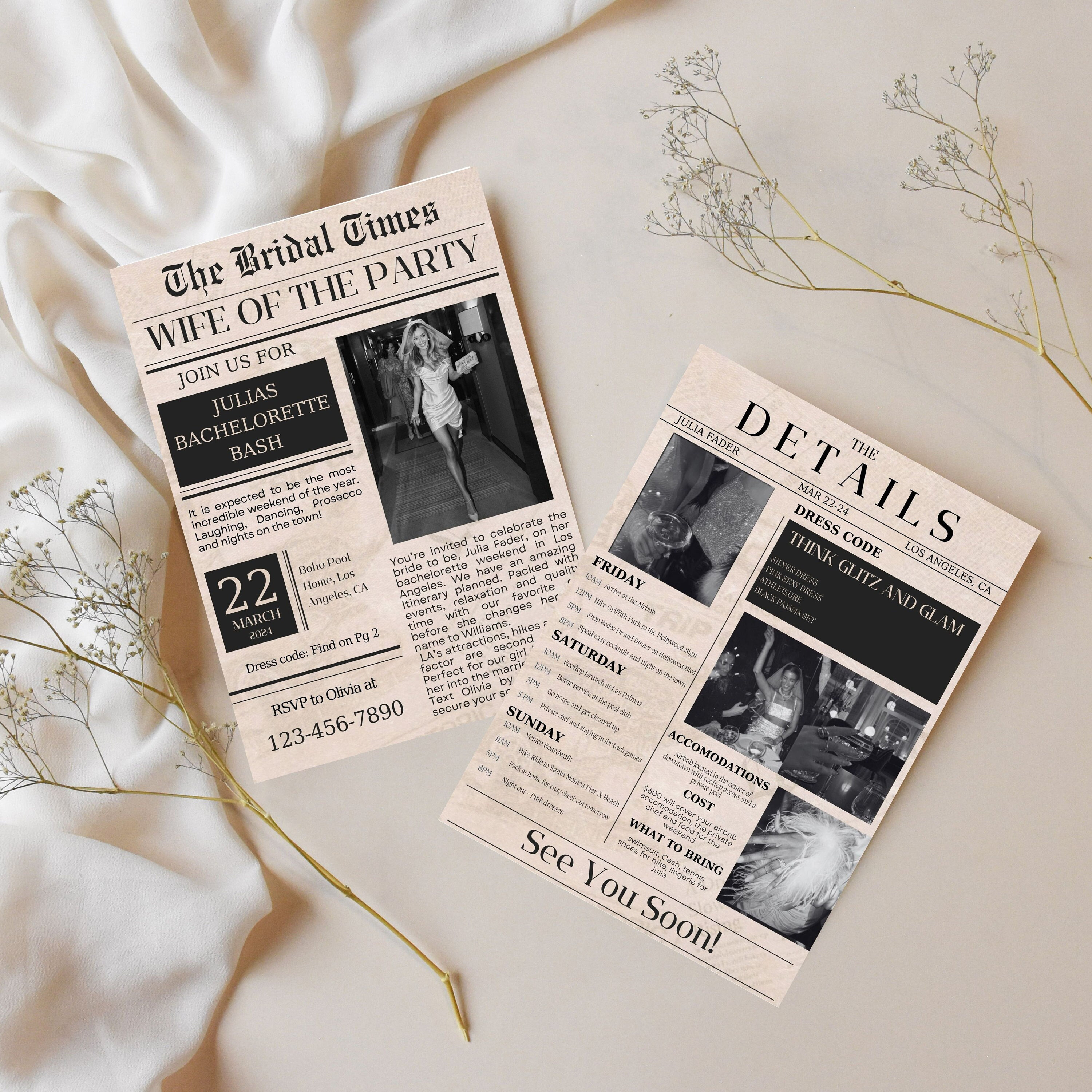 Newspaper Bachelorette Party Invitation, Vintage Itinerary Template ...