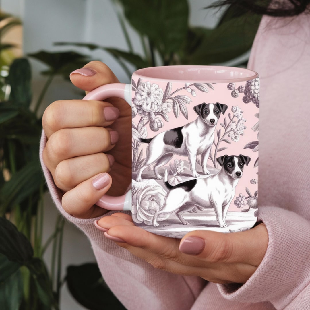 Pink Jack Russell French Toile De Jouy Mug, Floral Coffee Mug, Ceramic ...
