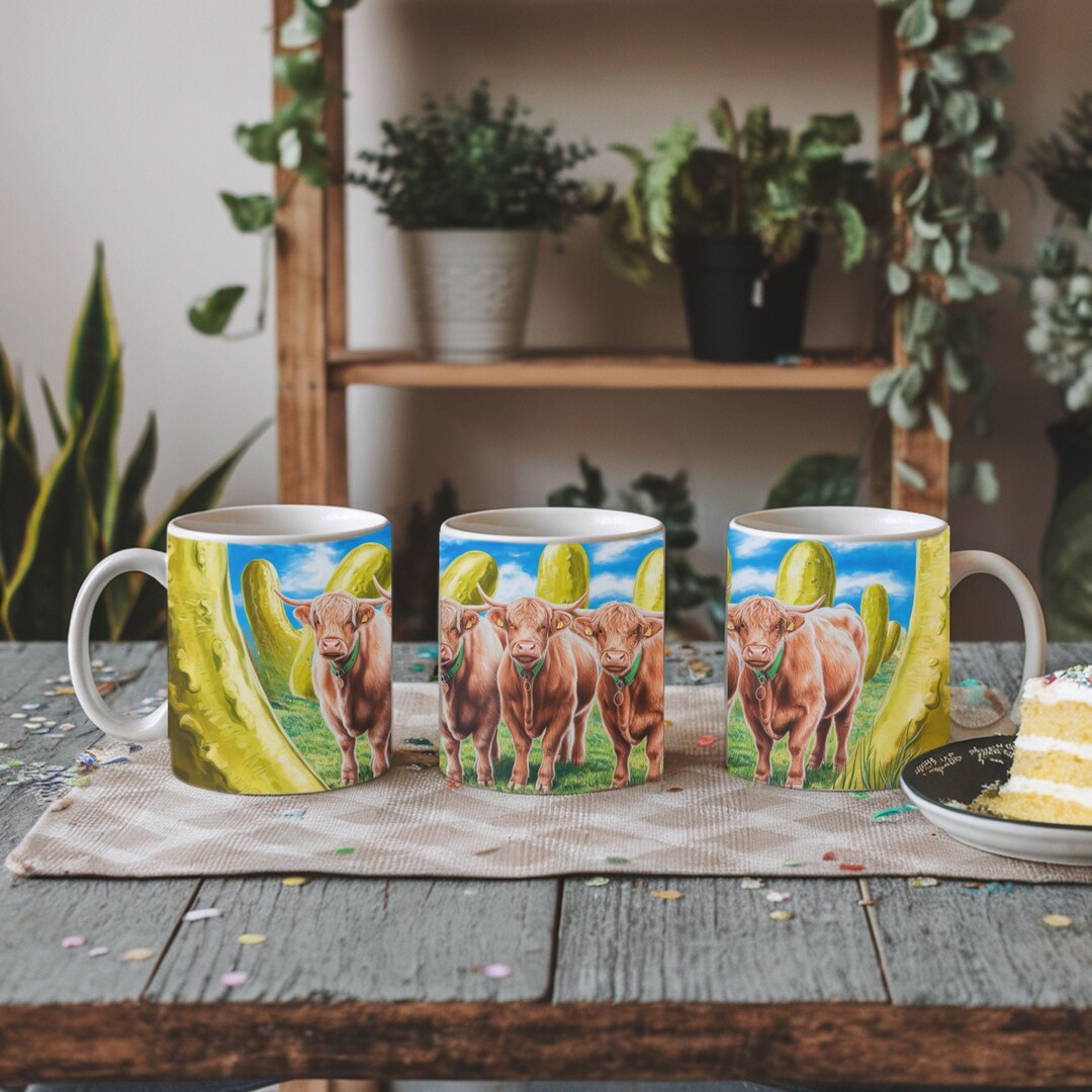 Highland Cow Dill Pickle Mug, Cow Gag Gifts, Farm Cattle Ceramic ...