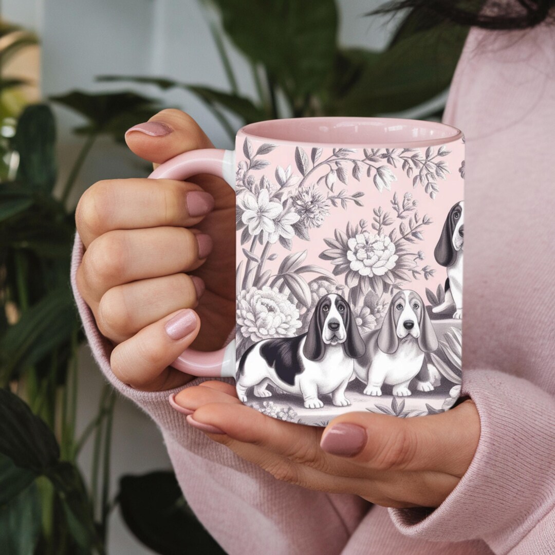 Pink Basset Hound French Toile De Jouy Mug, Floral Coffee Mug, Ceramic ...
