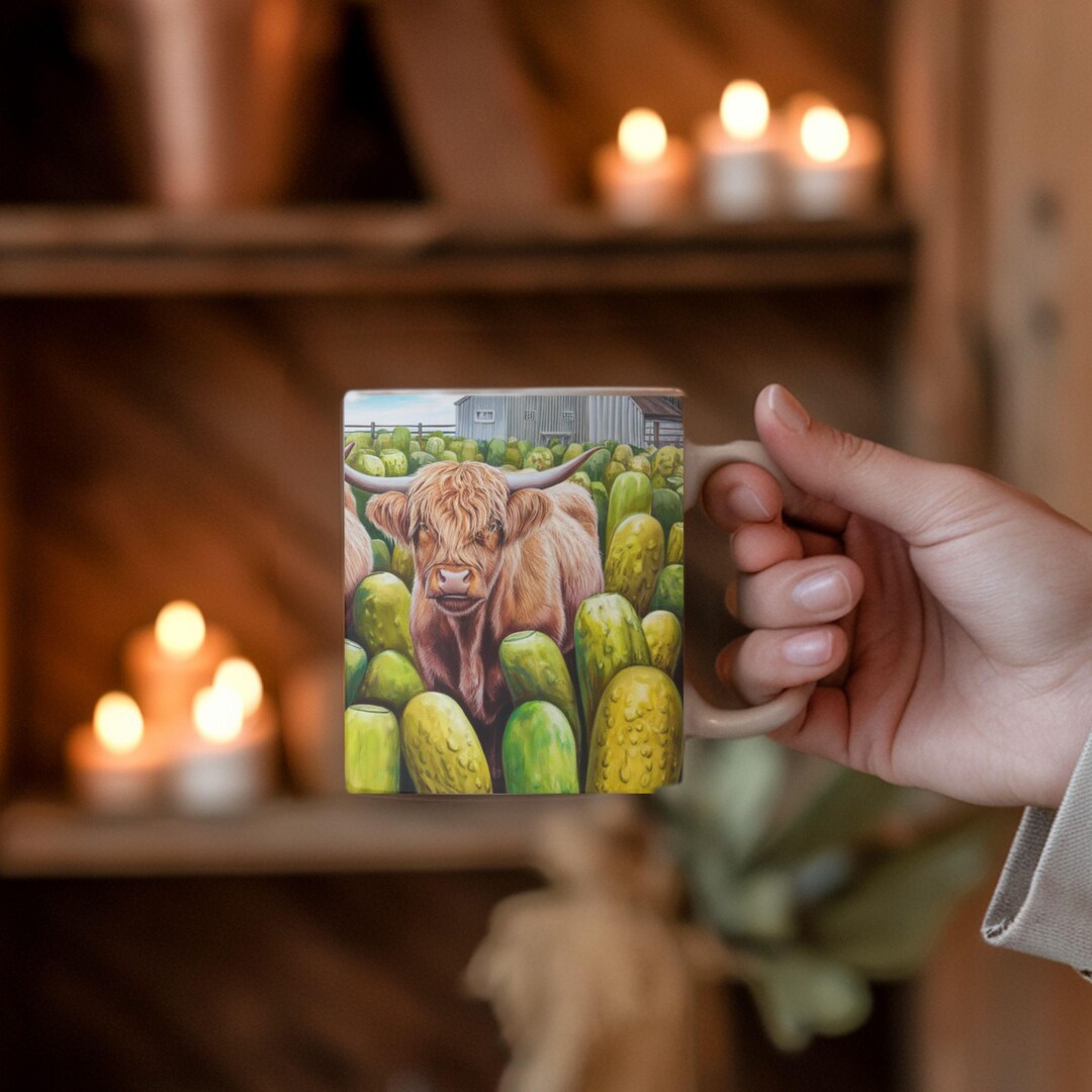 Highland Cow Pickle Mug, Farm Cattle Ceramic Drinkware, Unique Dill ...