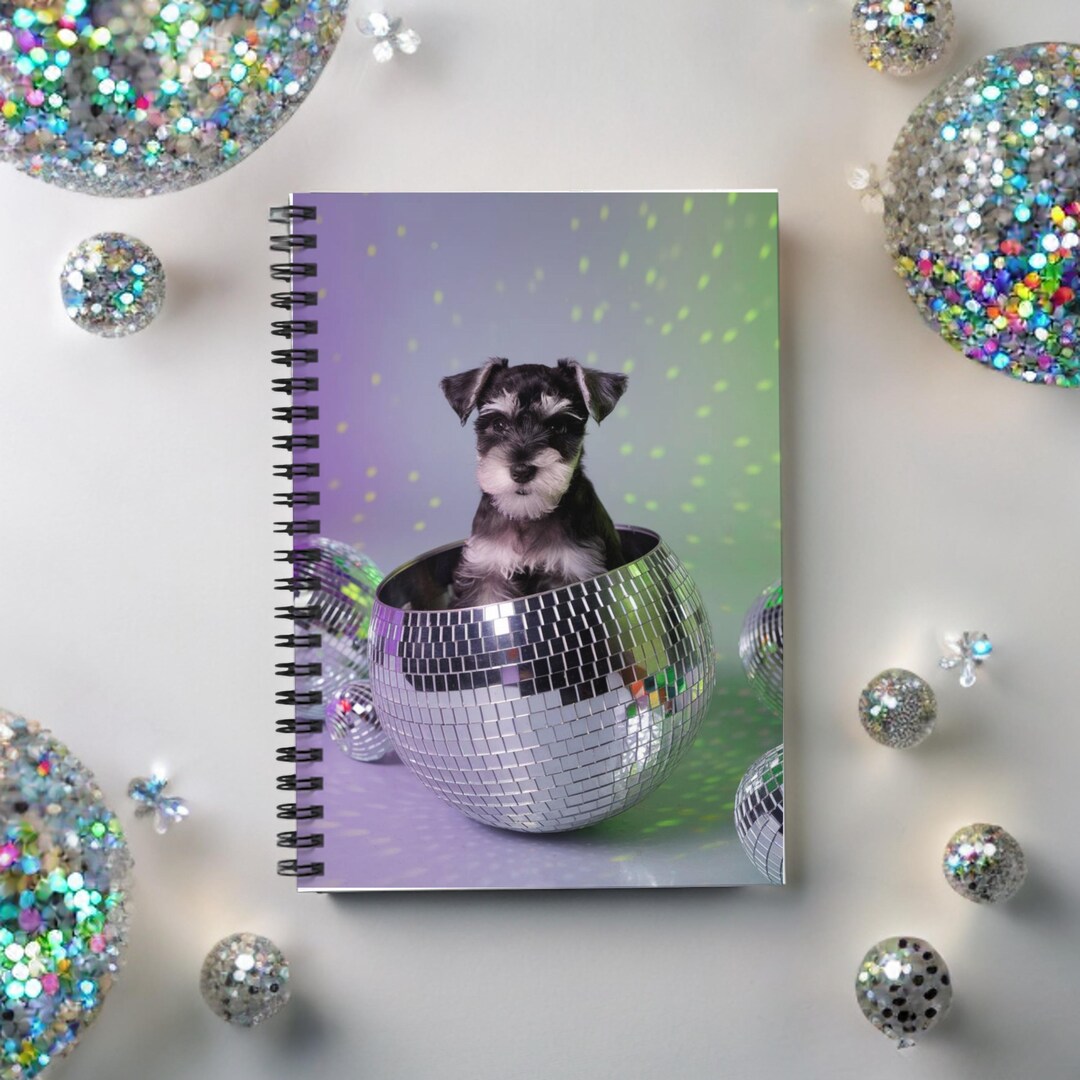 Miniature Schnauzer Puppy Disco Ball Spiral Lined Notebook 6x8, 70s ...