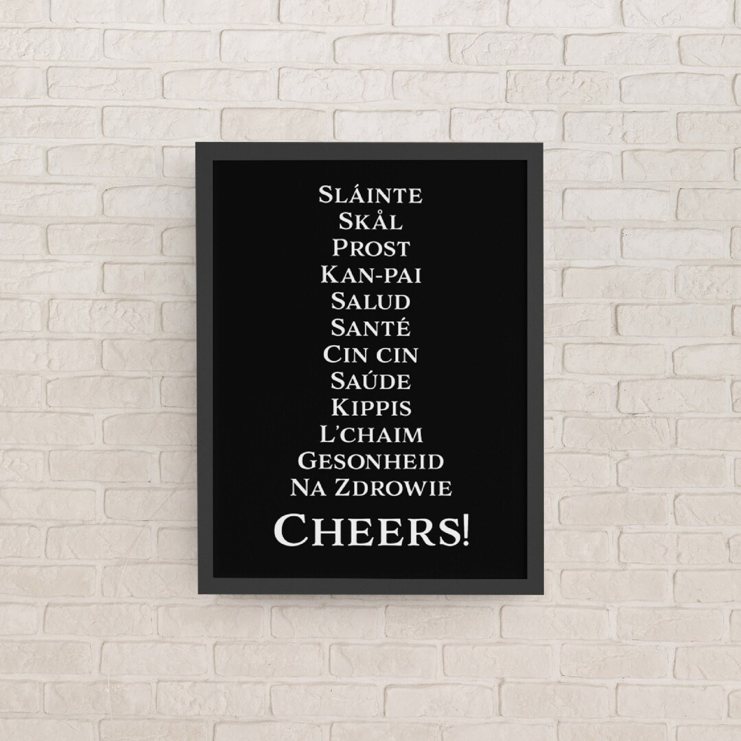 Cheers in Different Languages Print, Bar Cart Decor, Liquor Cabinet Wet Bar Art, Salud Slainte ...
