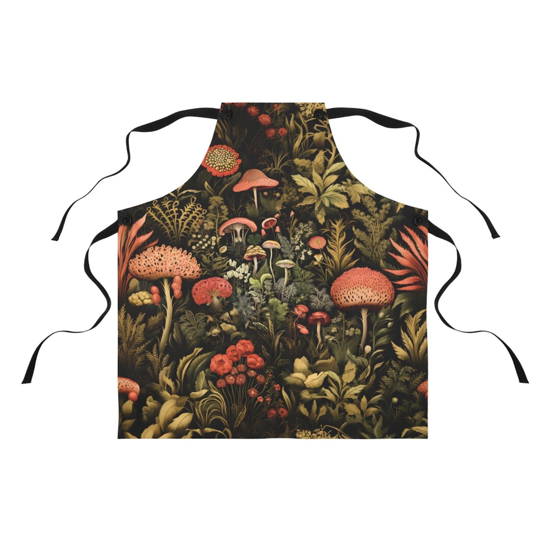 Vintage Botanical Ferns and Mushrooms, Unique Designer Fabric Apron for ...