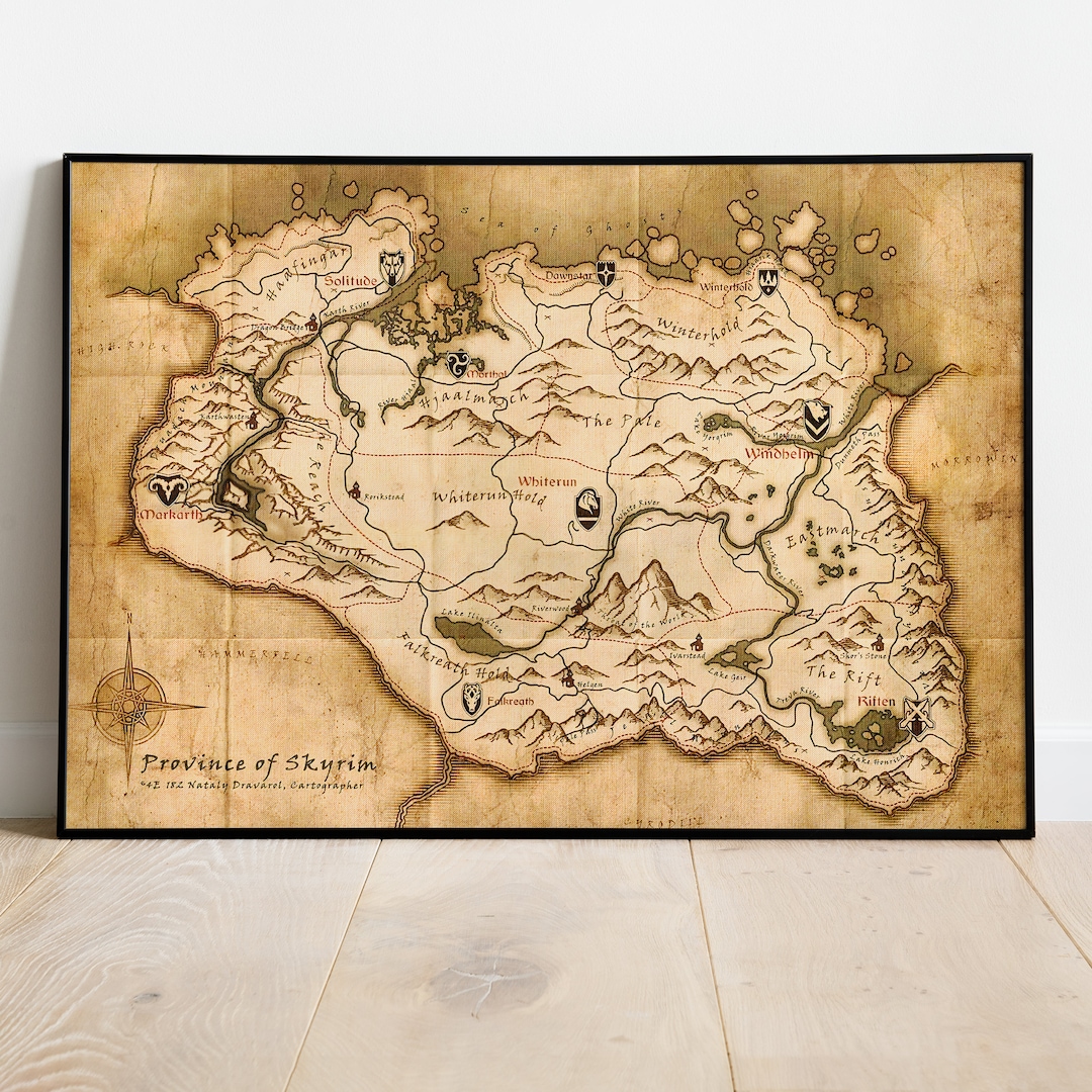 The Elder Scrolls V Skyrim Map Poster, Game Print, Wall Art, Gift for ...