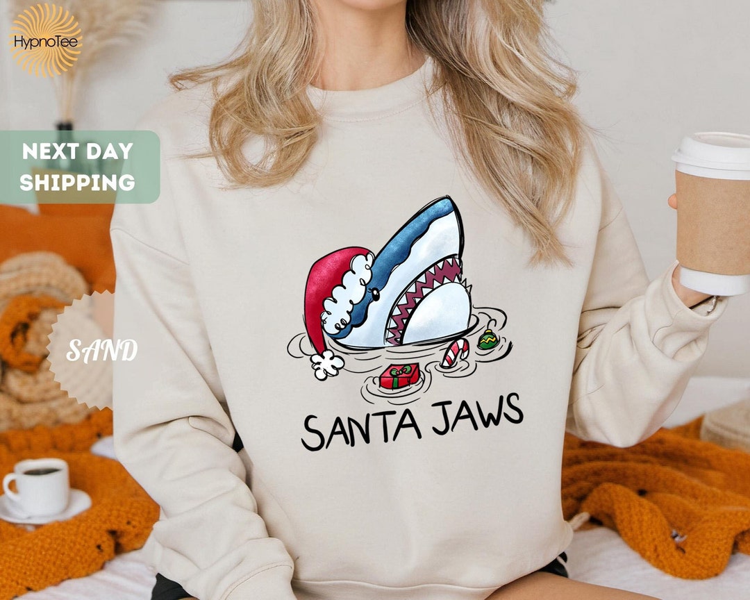Santa Jaws Christmas Sweatshirt, Funny Christmas Shark Sweater, Cute ...
