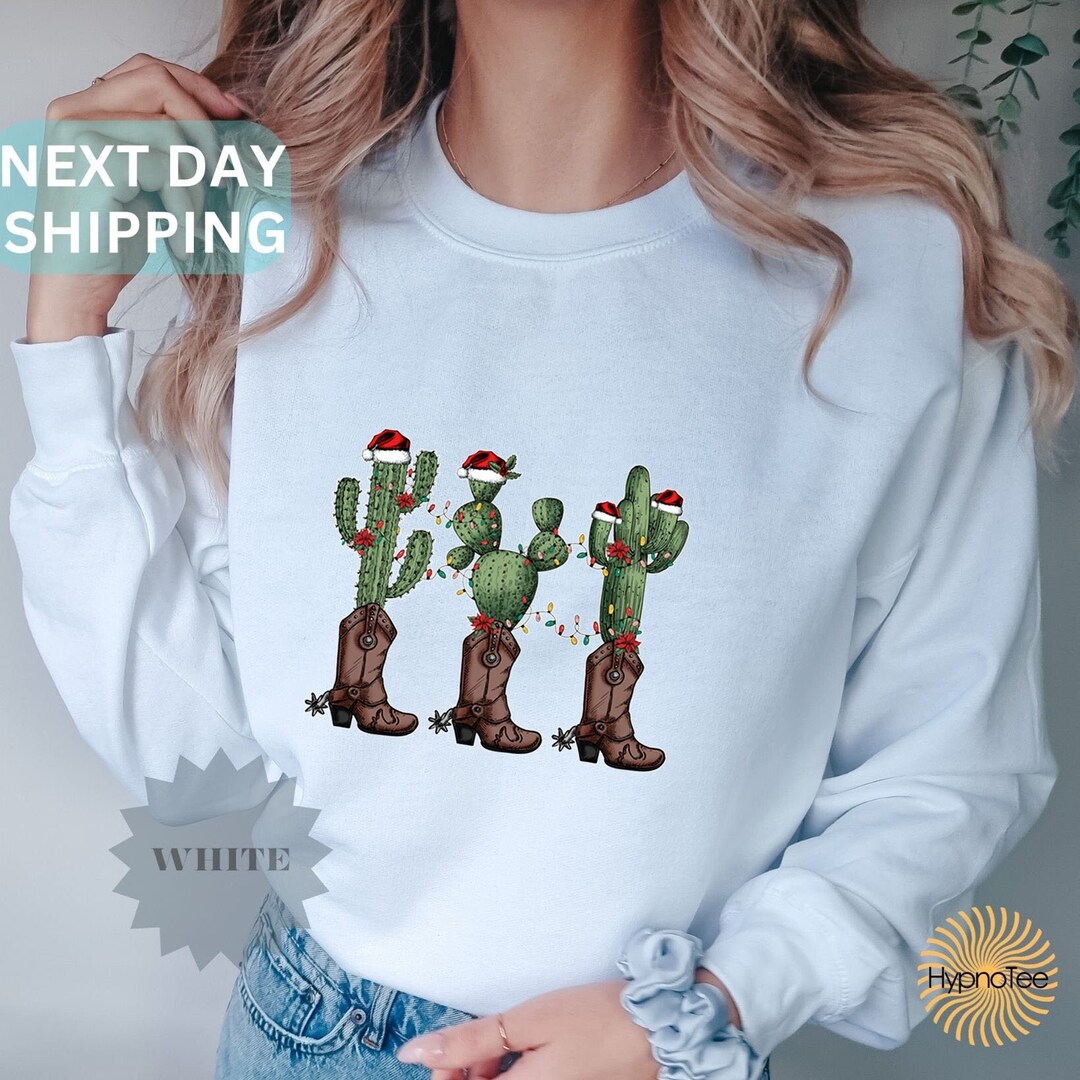 Western Christmas Cactus Sweatshirt,christmas Cowboy Boots Sweatshirt ...